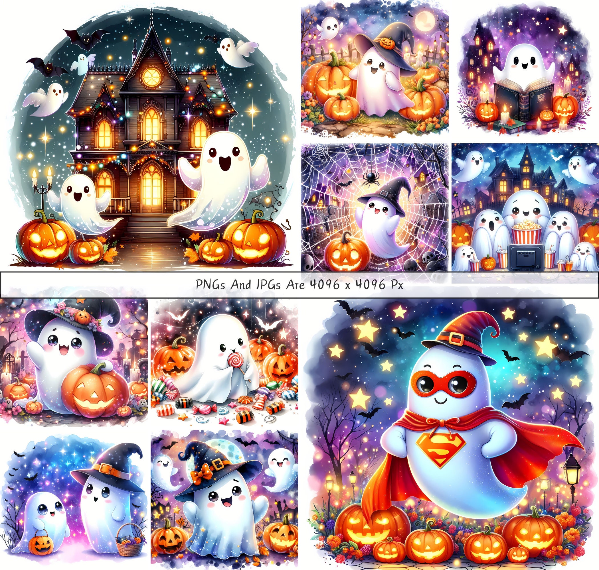 Cute Halloween Ghosts Clipart Bundle, Watercolor Ghost Clip Art Images ...