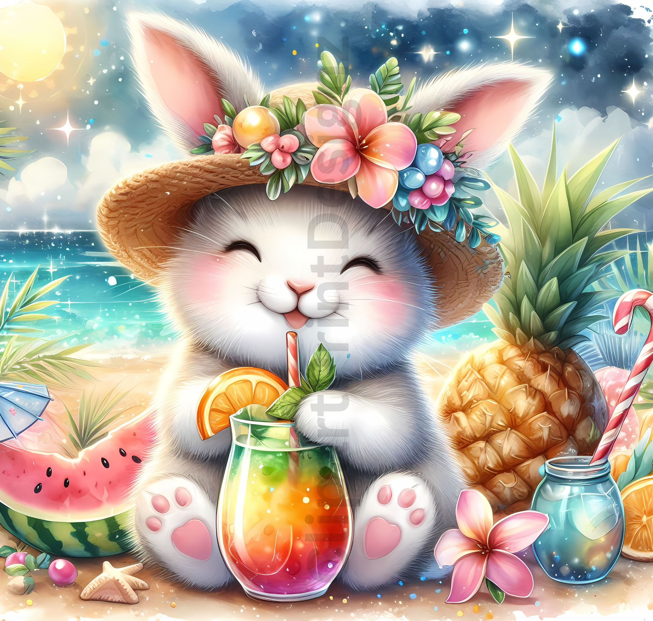 Cute Summer Rabbits Clipart Bundle, Watercolor Rabbit Clip Art Images ...