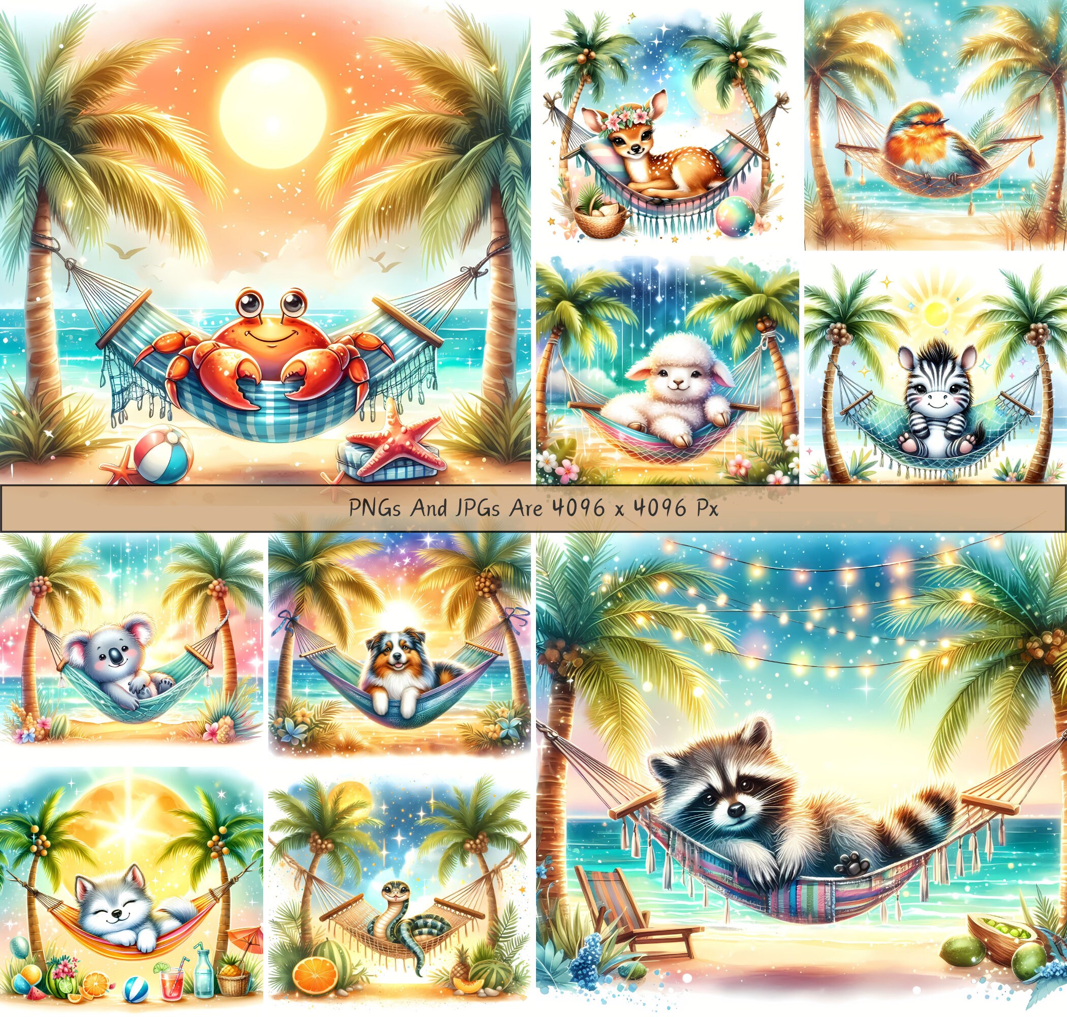 Cute Summer Animals in Hammocks Clipart Bundle, Watercolor Sun Clip Art ...