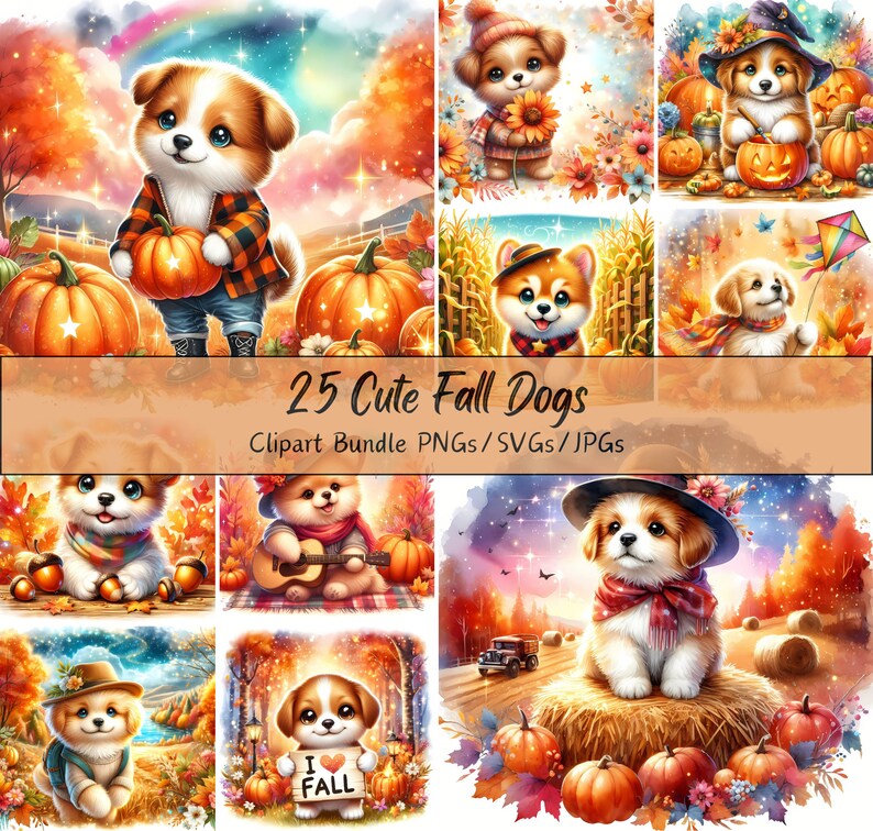 Cute Fall Dogs Clipart Bundle, Watercolor Autumn Dog Clip Art Images ...