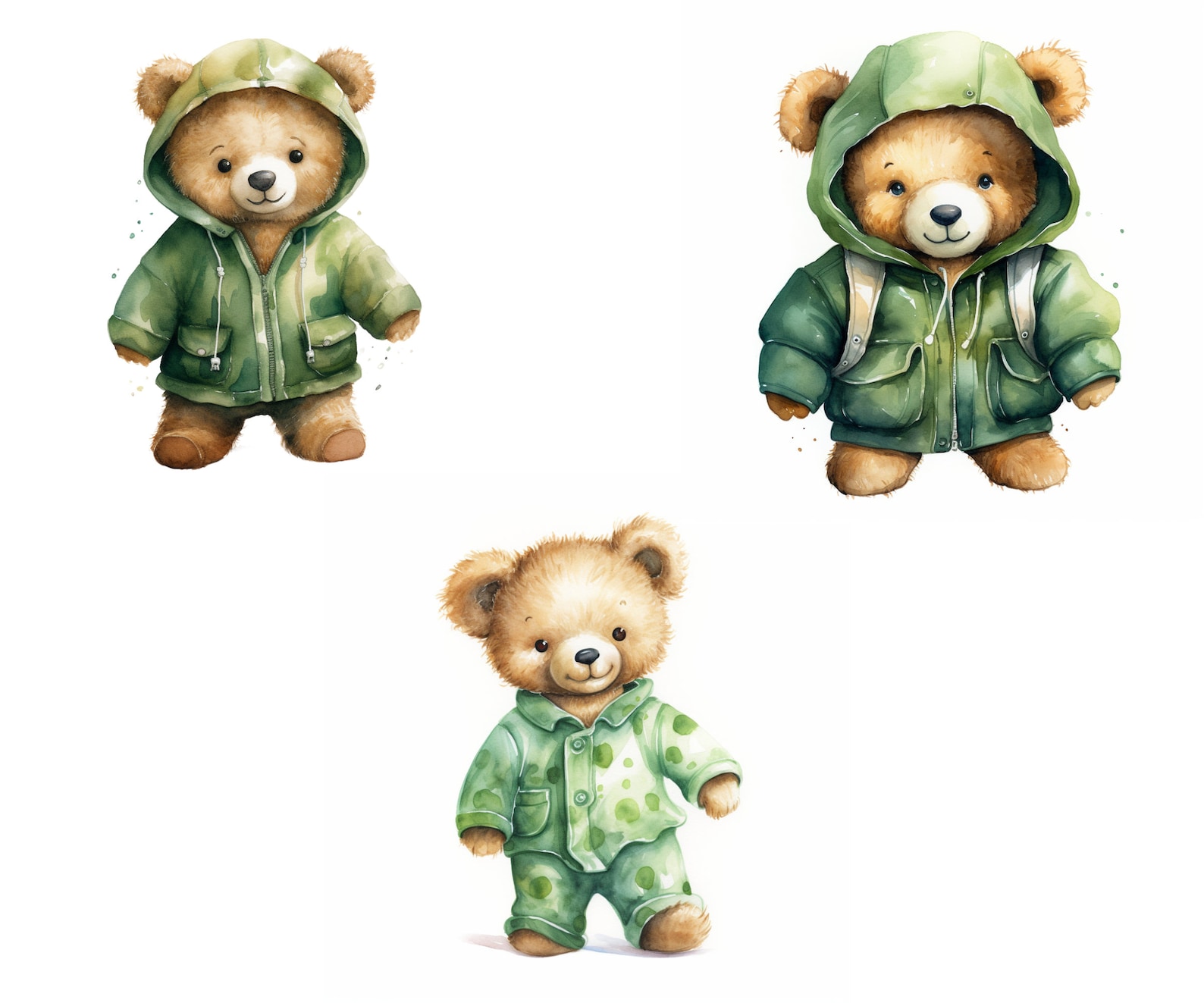 20 Green Watercolour Teddy Bear Clipart, Baby Shower Bundle, Commercial ...