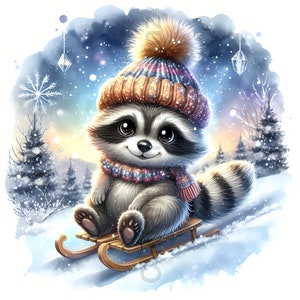 Cute Winter Raccoon Clipart Bundle, Festive Watercolor Clip Art Images ...
