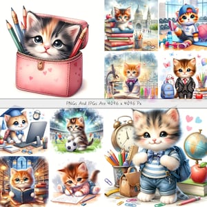 Cute Back to School Kittens Clipart Bundle, Watercolor Cat Clip Art ...