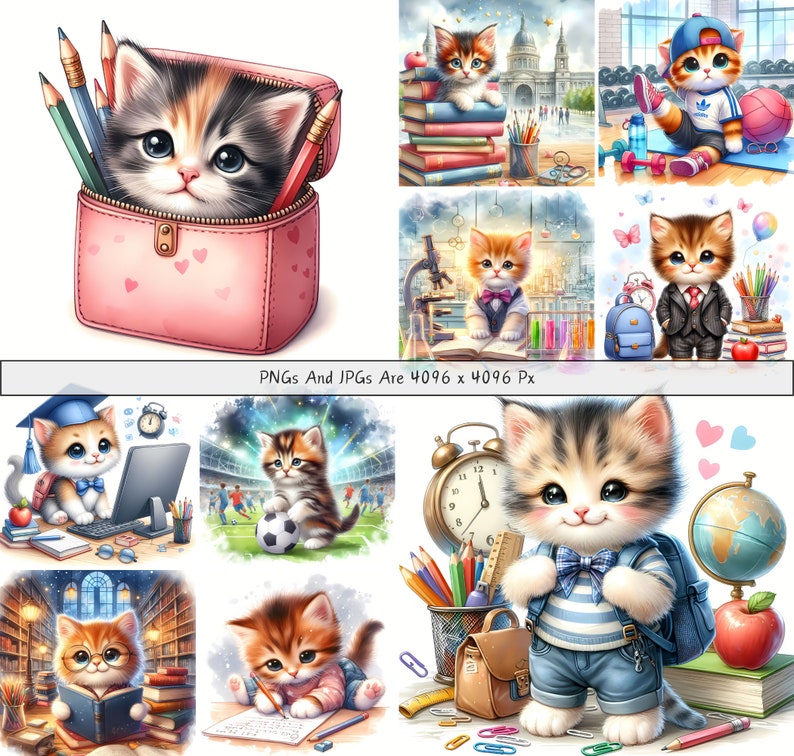 Cute Back to School Kittens Clipart Bundle, Watercolor Cat Clip Art ...