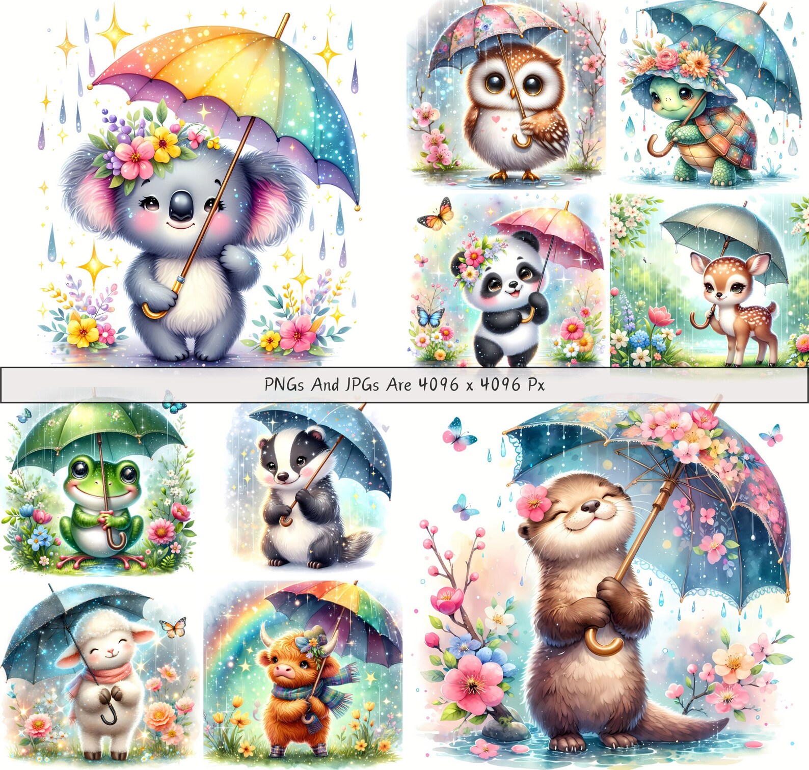Cute Spring Animals Holding Umbrellas Clipart Bundle, Watercolor Clip ...