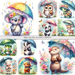 Cute Spring Animals Holding Umbrellas Clipart Bundle, Watercolor Clip ...
