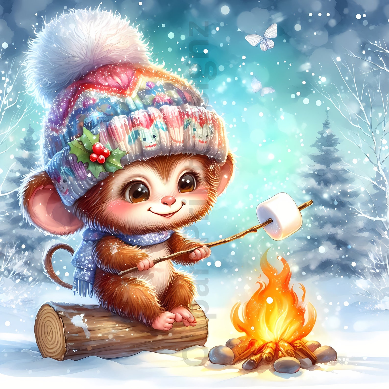 Cute Winter Monkey Clipart Bundle, Festive Watercolor Clip Art Images ...