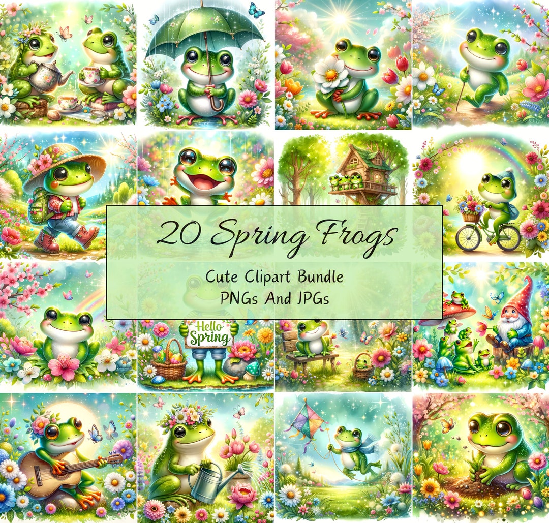 Cute Spring Frogs Clipart Bundle, Watercolor Clip Art Images, 20 High ...