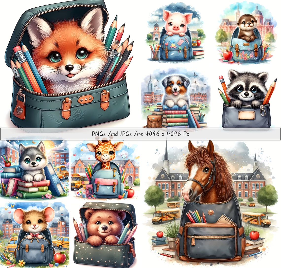 Cute Back to School Animals Peeking Out of Accessories Clipart Bundle ...