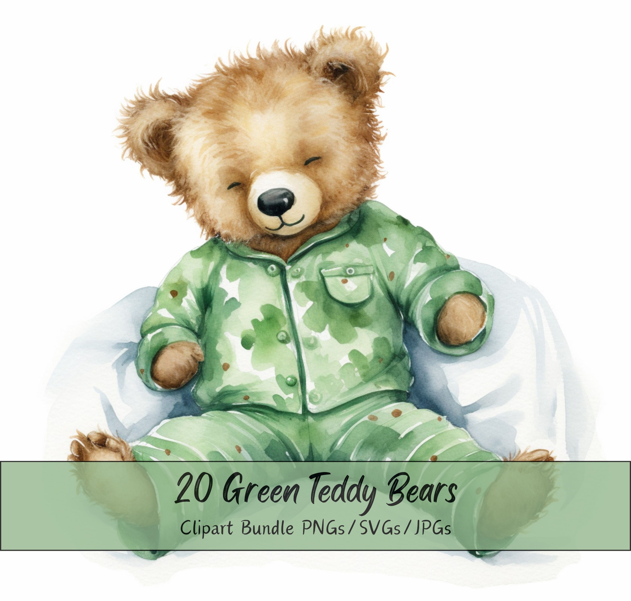 20 imágenes prediseñadas de osito de peluche de acuarela verde, paquete ...