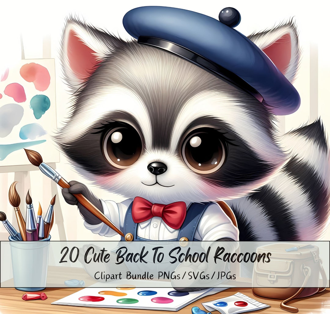 Cute Back to School Raccoons Clipart Bundle, Watercolor Raccoon Clip ...