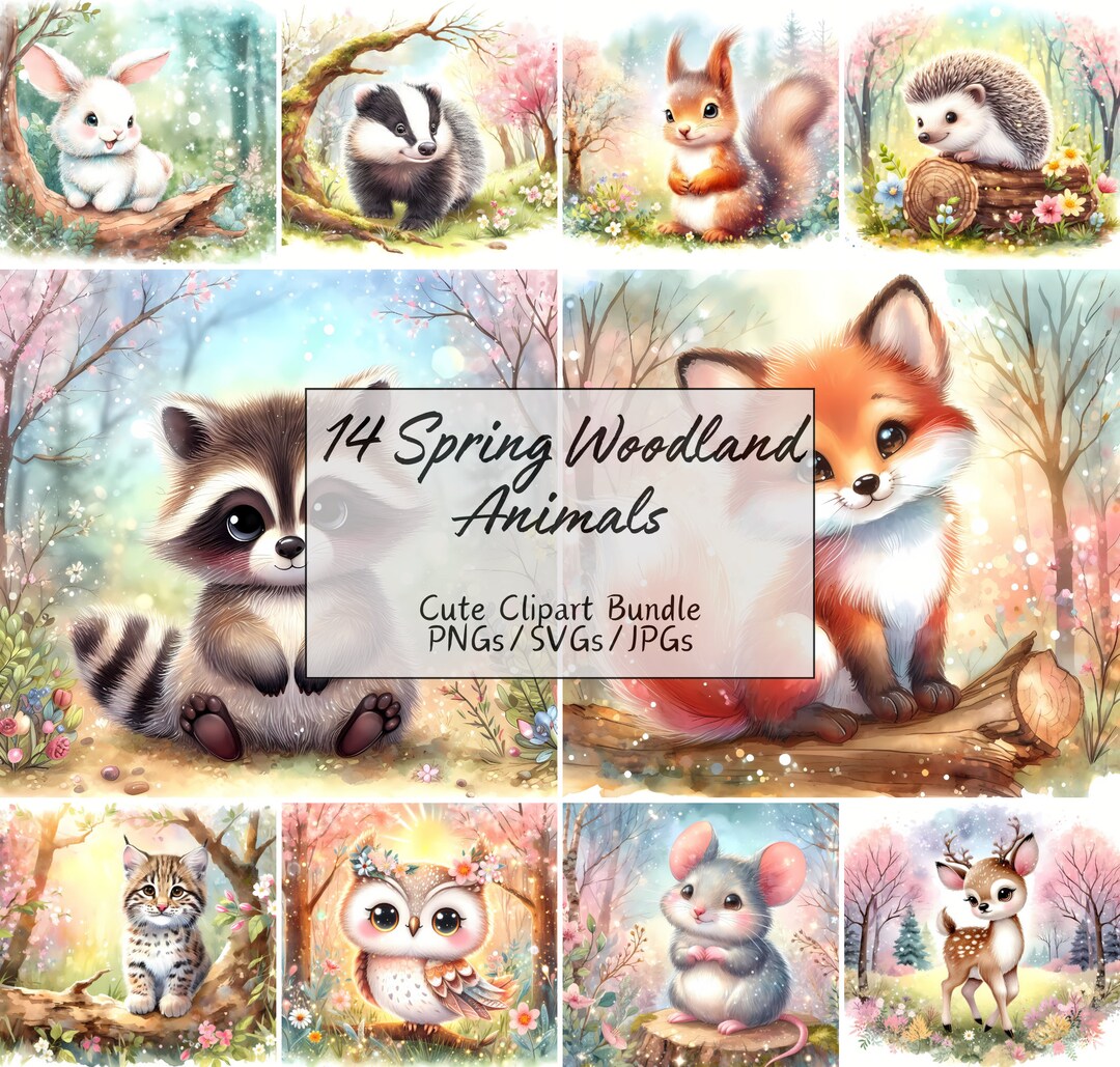 Cute Watercolor Spring Woodland Animals Clipart Bundle, 14 High Quality ...