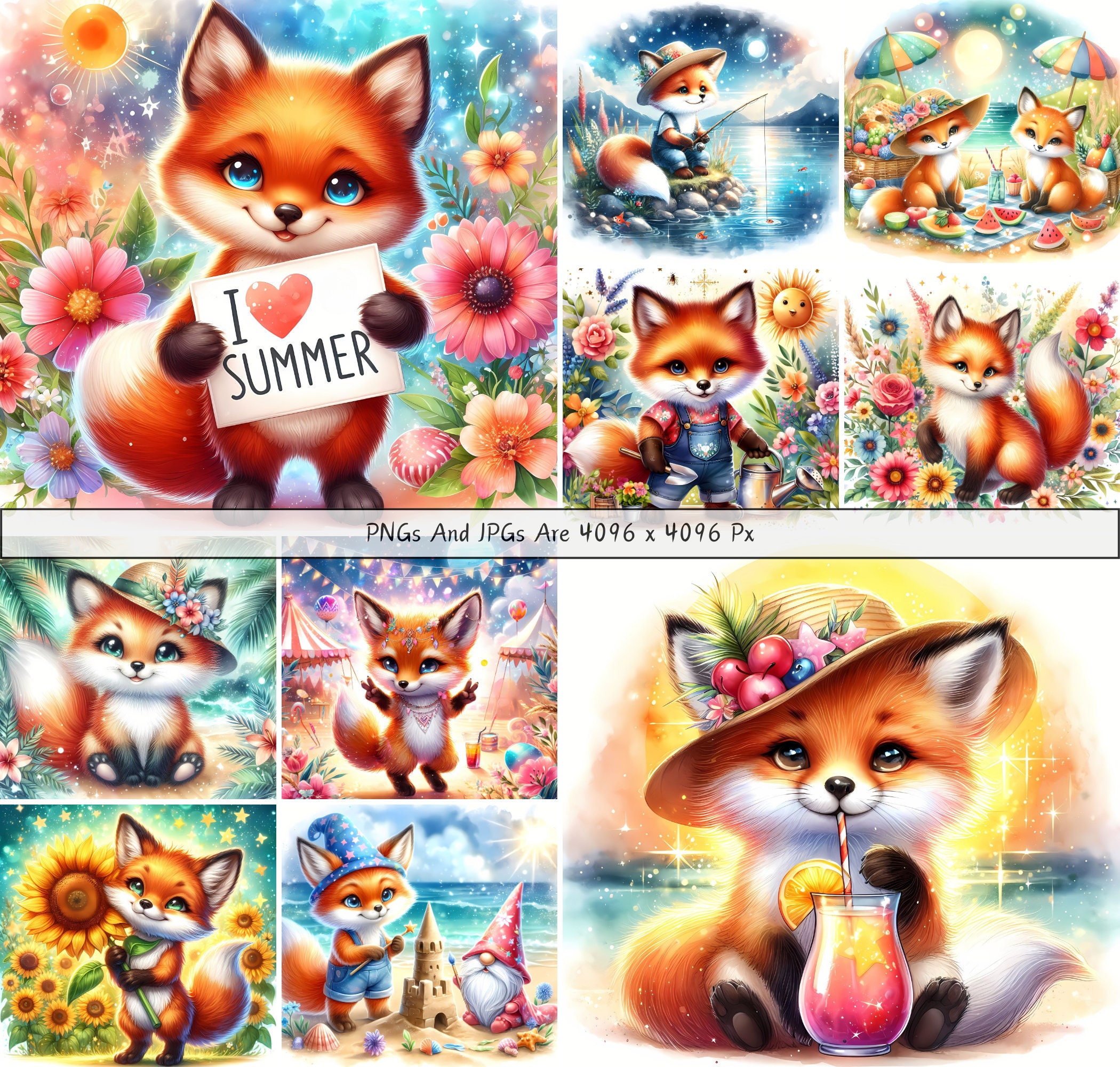 Cute Summer Foxes Clipart Bundle, Watercolor Fox Clip Art Images, High ...