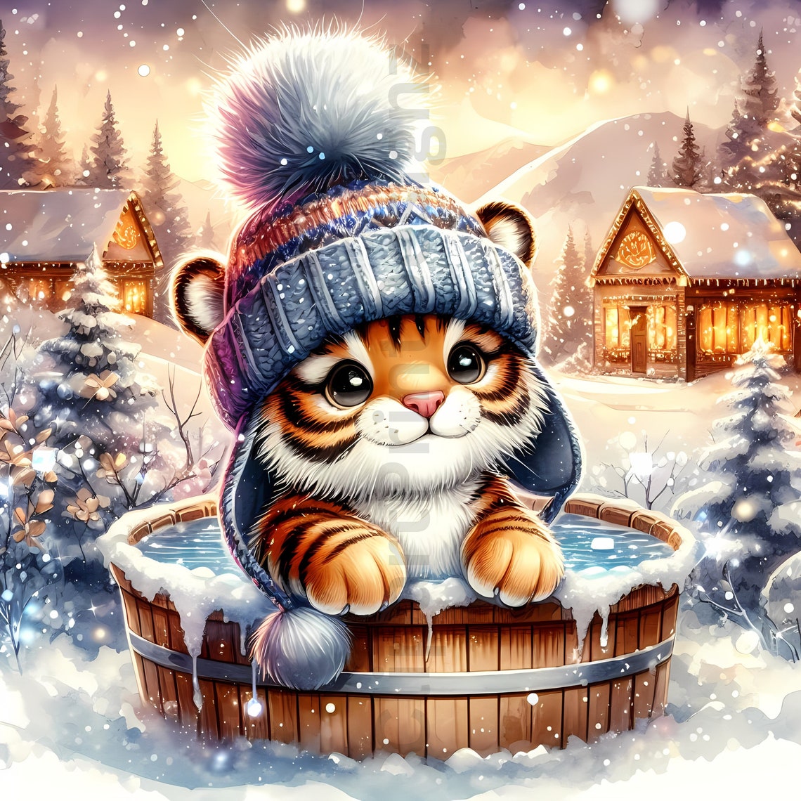 Cute Winter Tiger Clipart Bundle, Festive Watercolor Clip Art Images ...