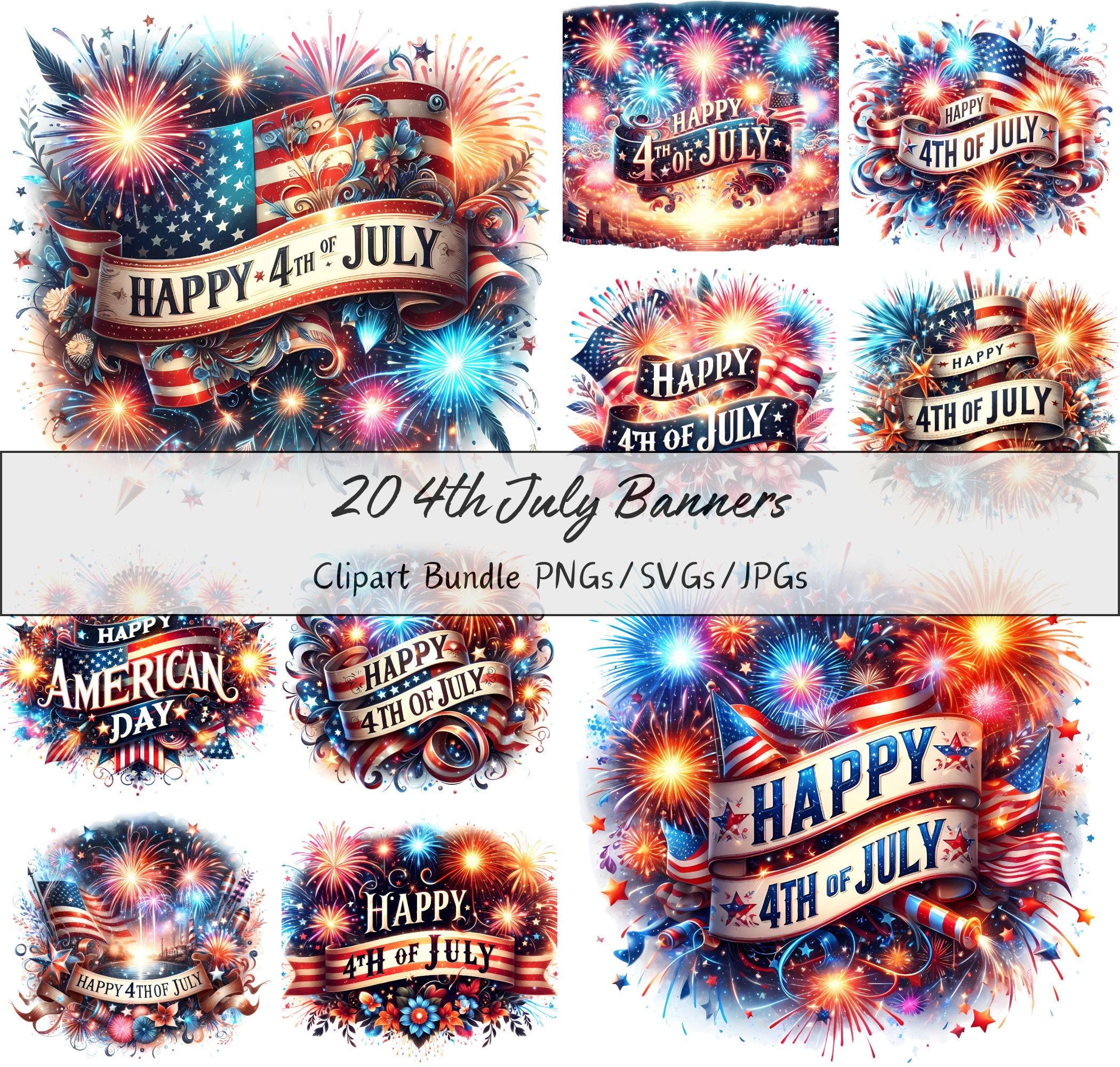 4th July Banners Clipart Bundle, Watercolor Patriotic Happy Files, High ...