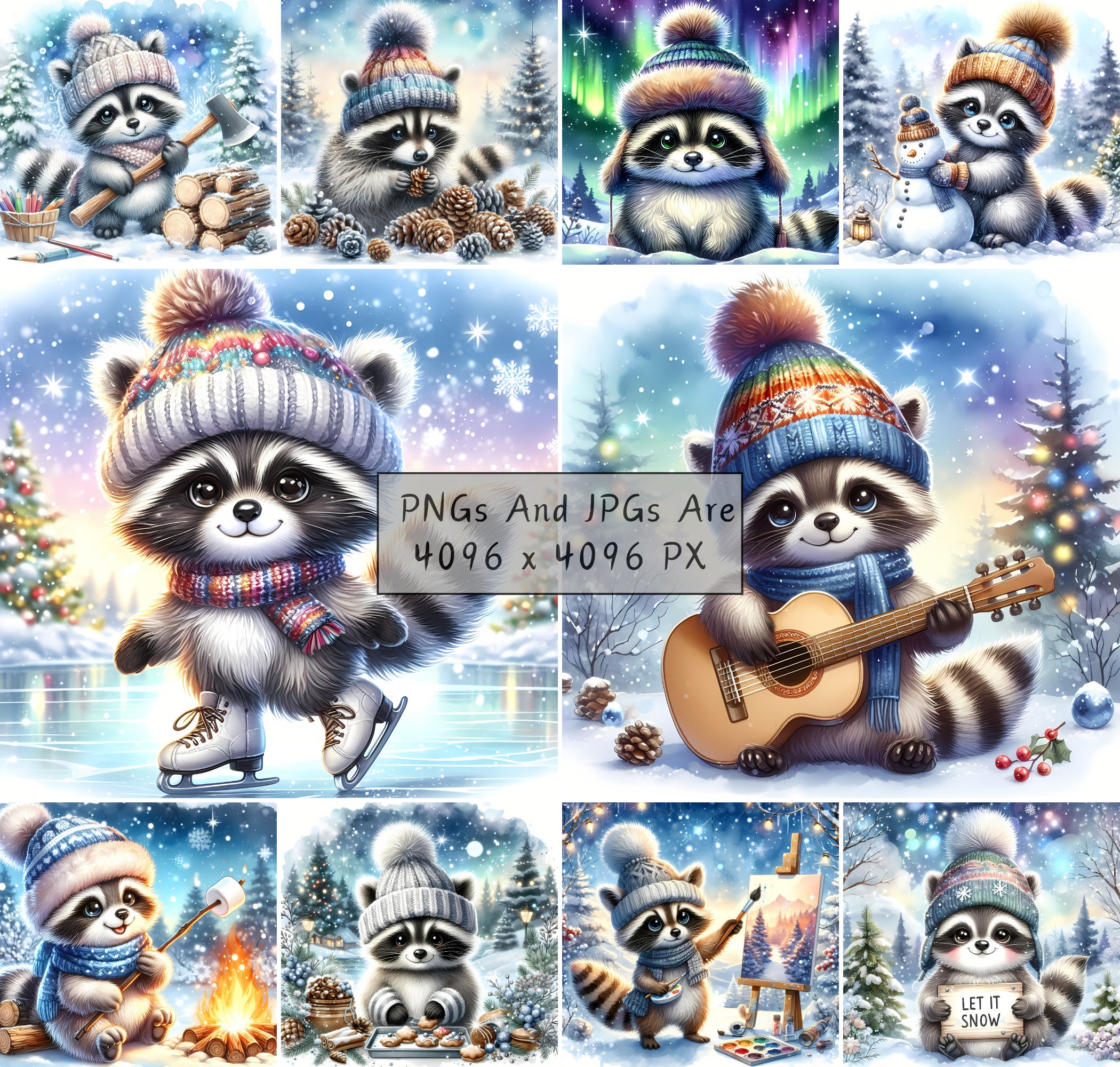 Cute Winter Raccoon Clipart Bundle, Festive Watercolor Clip Art Images ...