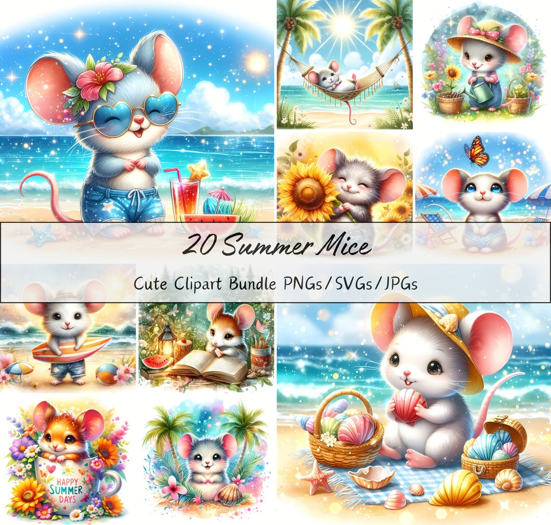 Cute Summer Mouse Clipart Bundle, Watercolor Mice Clip Art Images, High ...