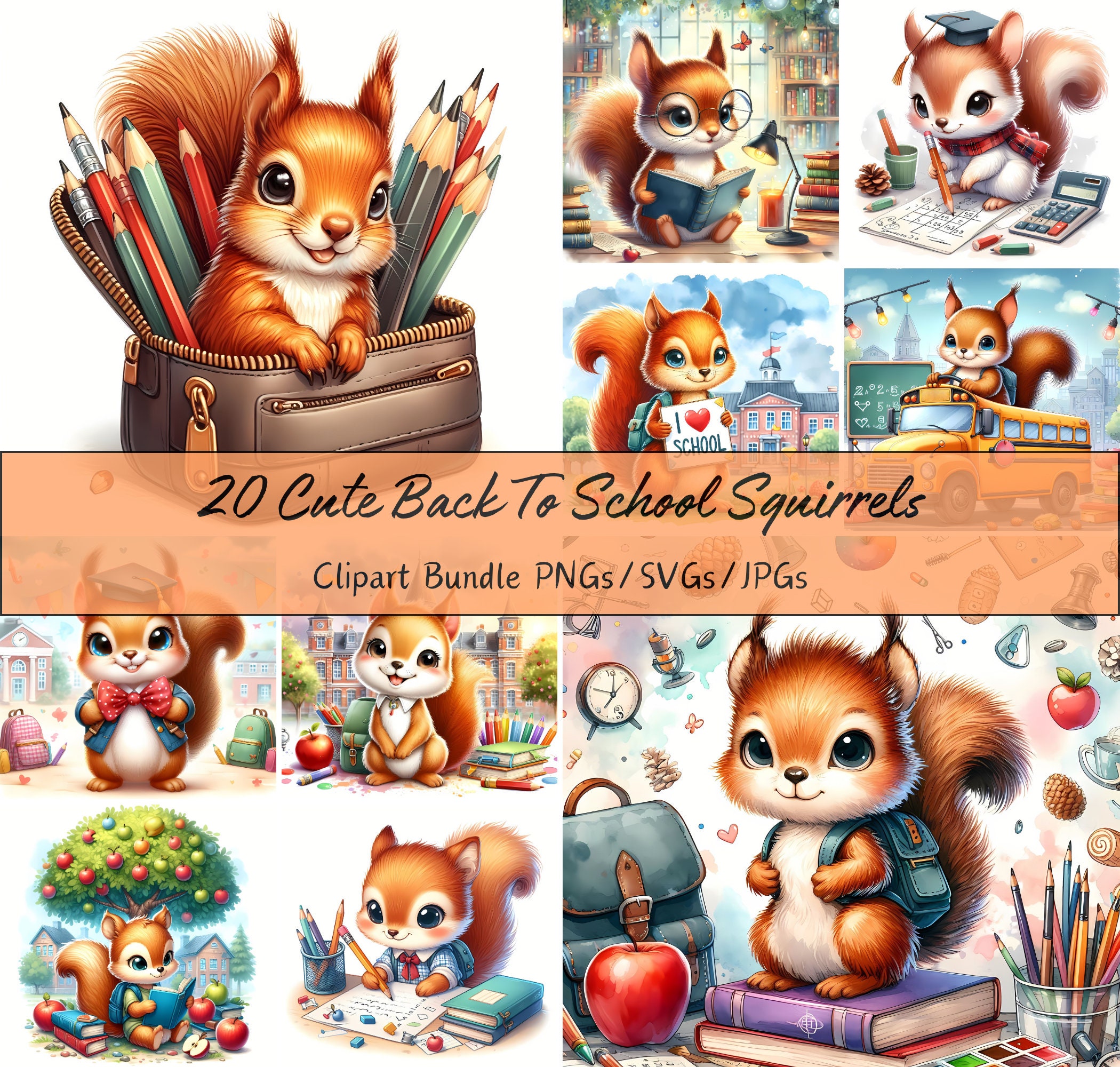 Cute Back to School Squirrels Clipart Bundle, Watercolor Squirrel Clip ...