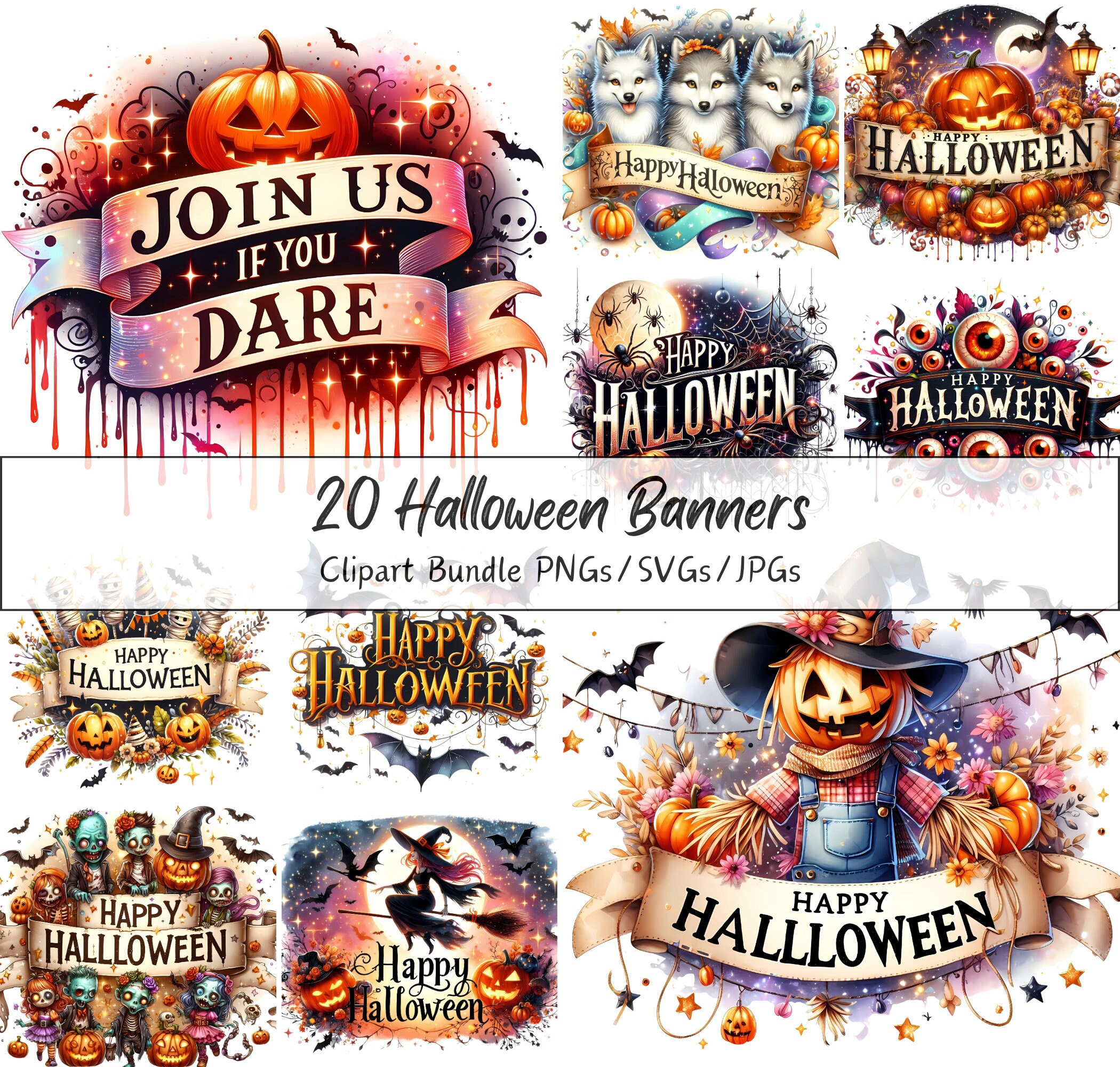 Halloween Banners Clipart Bundle, Watercolor Clip Art Images, High ...