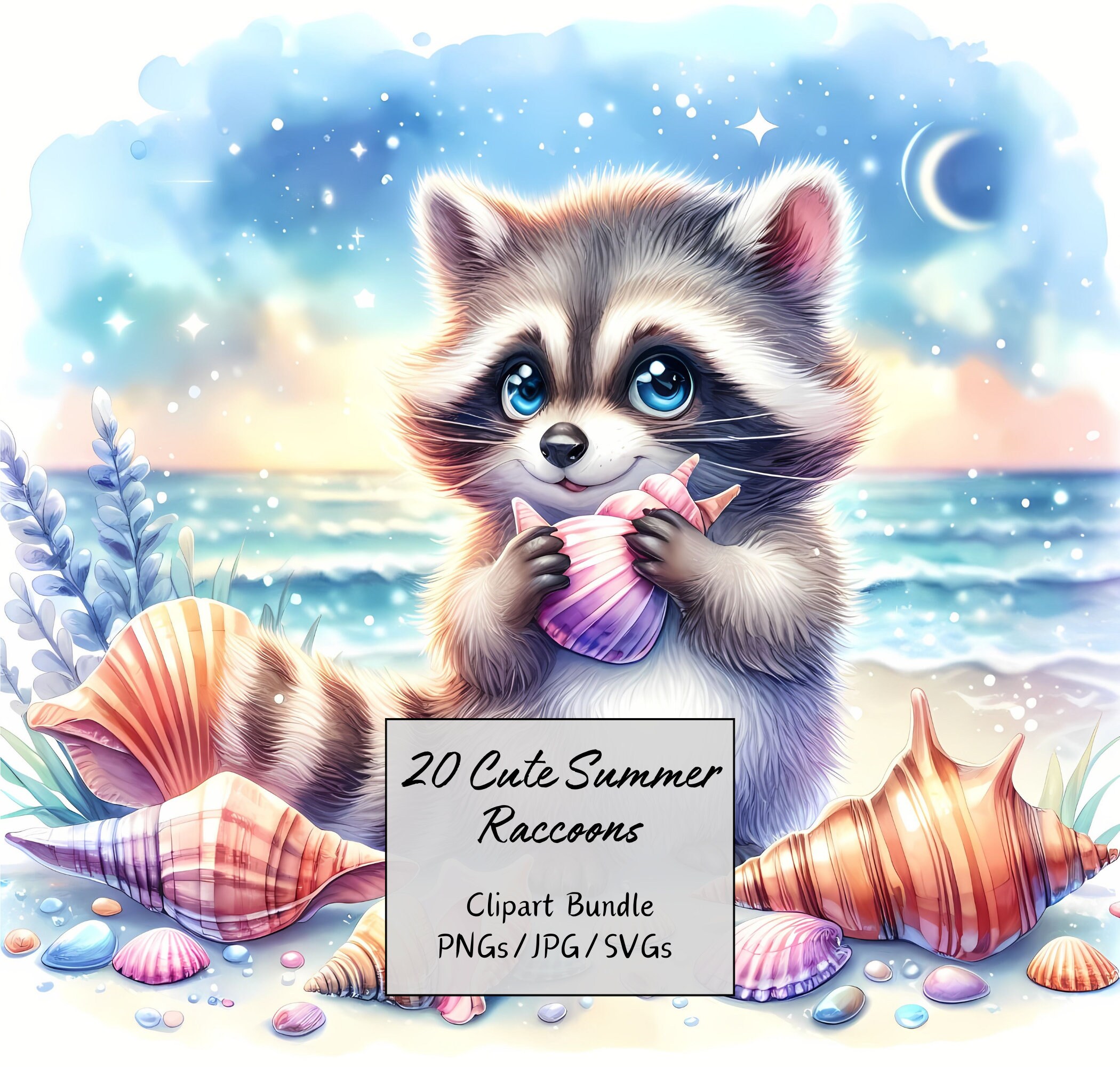 Cute Summer Raccoons Clipart Bundle, Watercolor Raccoon Clip Art Images ...