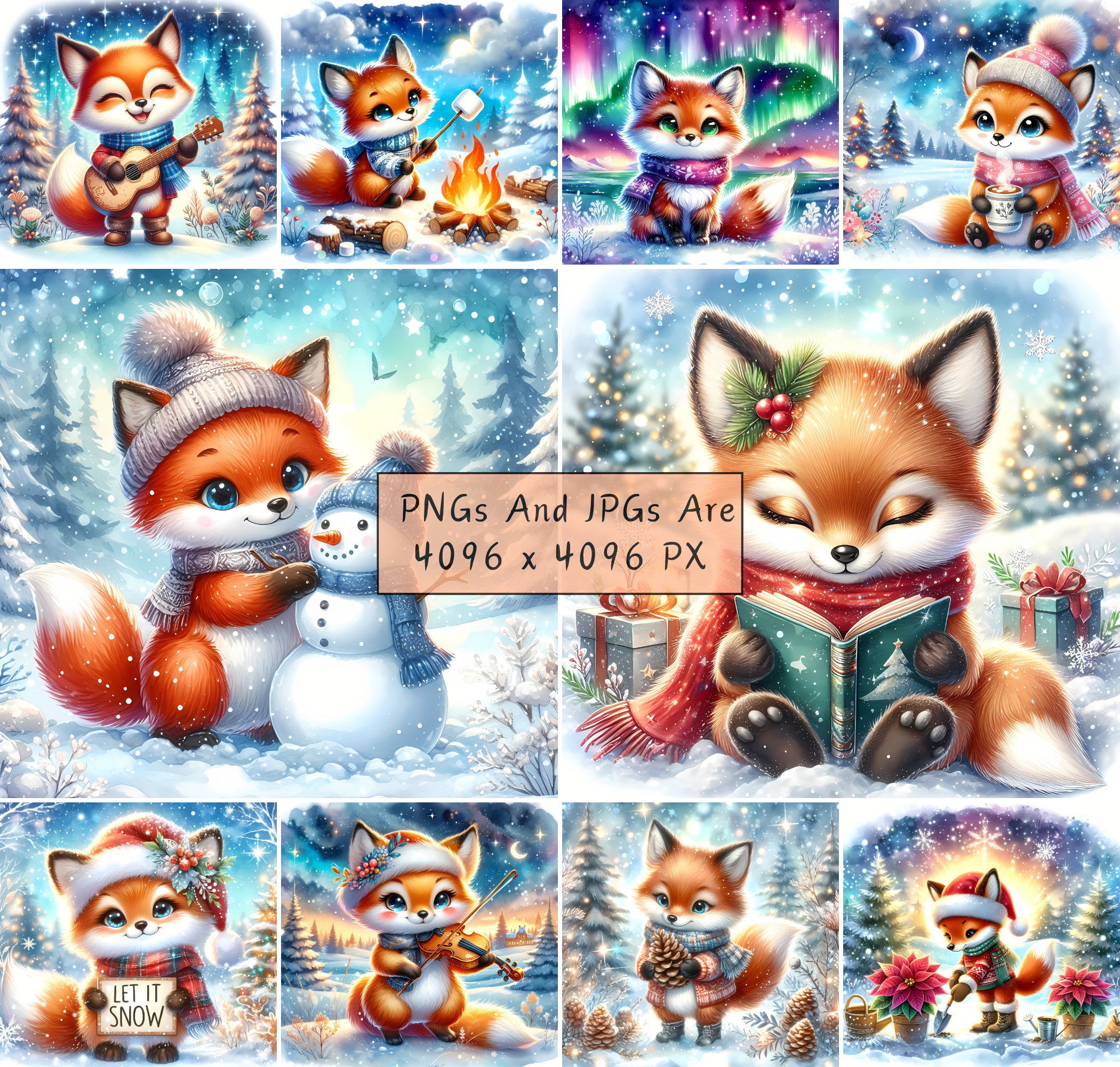 Cute Winter Fox Clipart Bundle, Festive Watercolor Clip Art Images, 20 ...