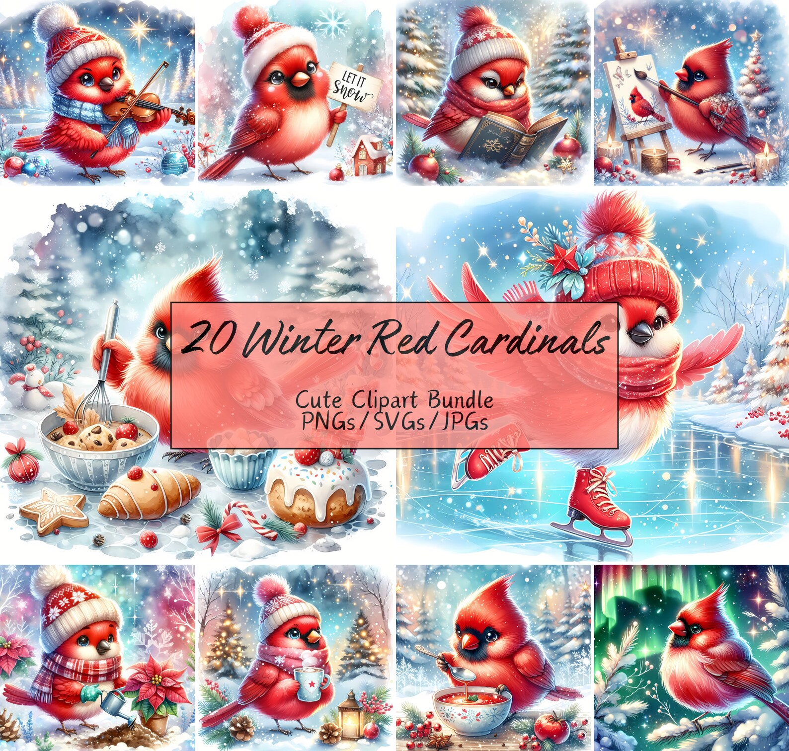 Cute Winter Red Cardinal Clipart Bundle, Festive Watercolor Clip Art ...