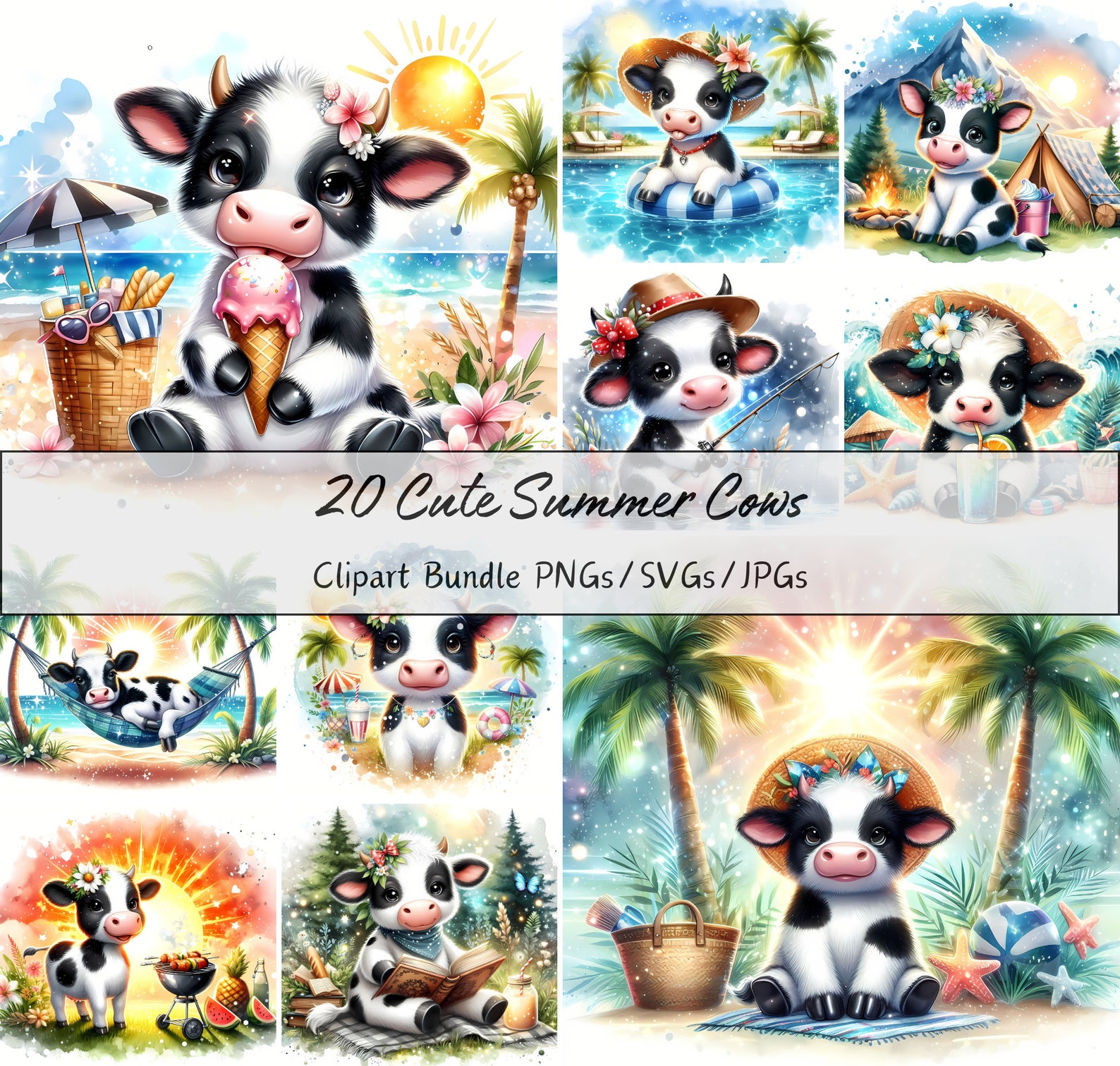 Cute Summer Cows Clipart Bundle, Watercolor Cow Clip Art Images, High ...