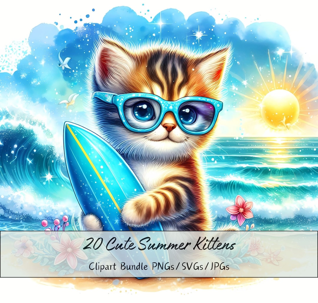 Cute Summer Kittens Clipart Bundle, Watercolor Kitten Clip Art Images ...