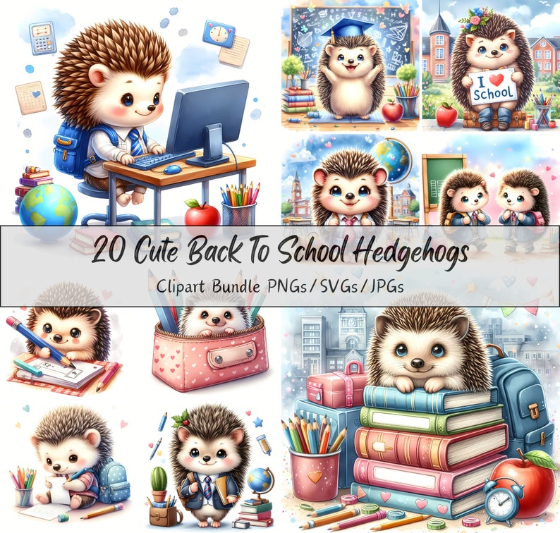 Cute Back to School Hedgehogs Clipart Bundle, Watercolor Hedgehog Clip ...