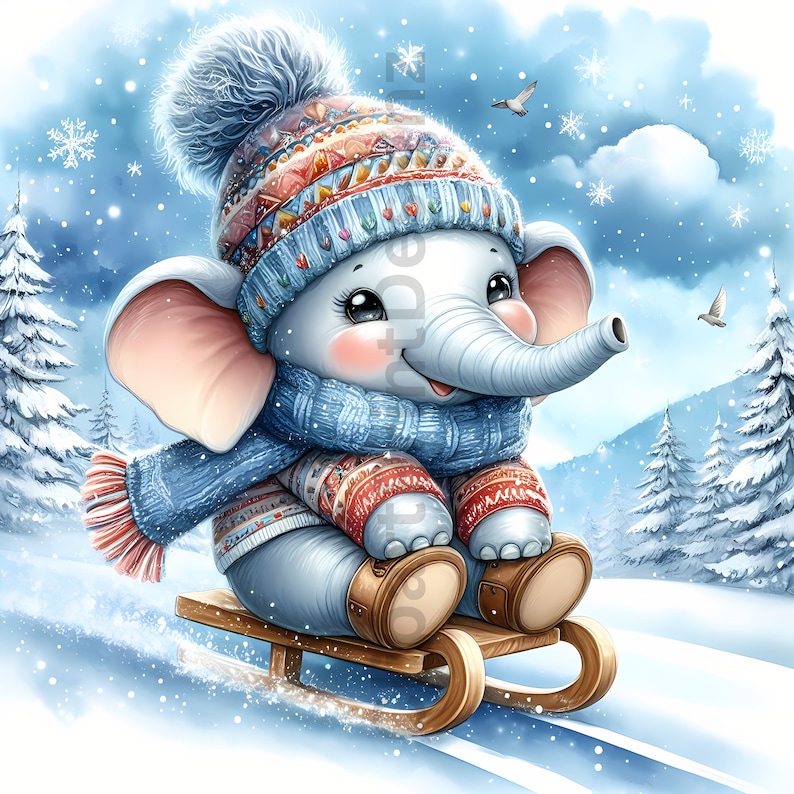 Cute Winter Animals Sledding Clipart Bundle, Festive Watercolor Clip ...