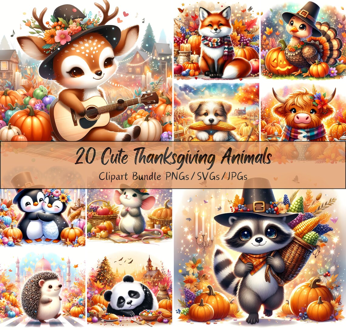 Happy Thanksgiving Animals Clipart Bundle, Watercolor Animal Clip Art ...