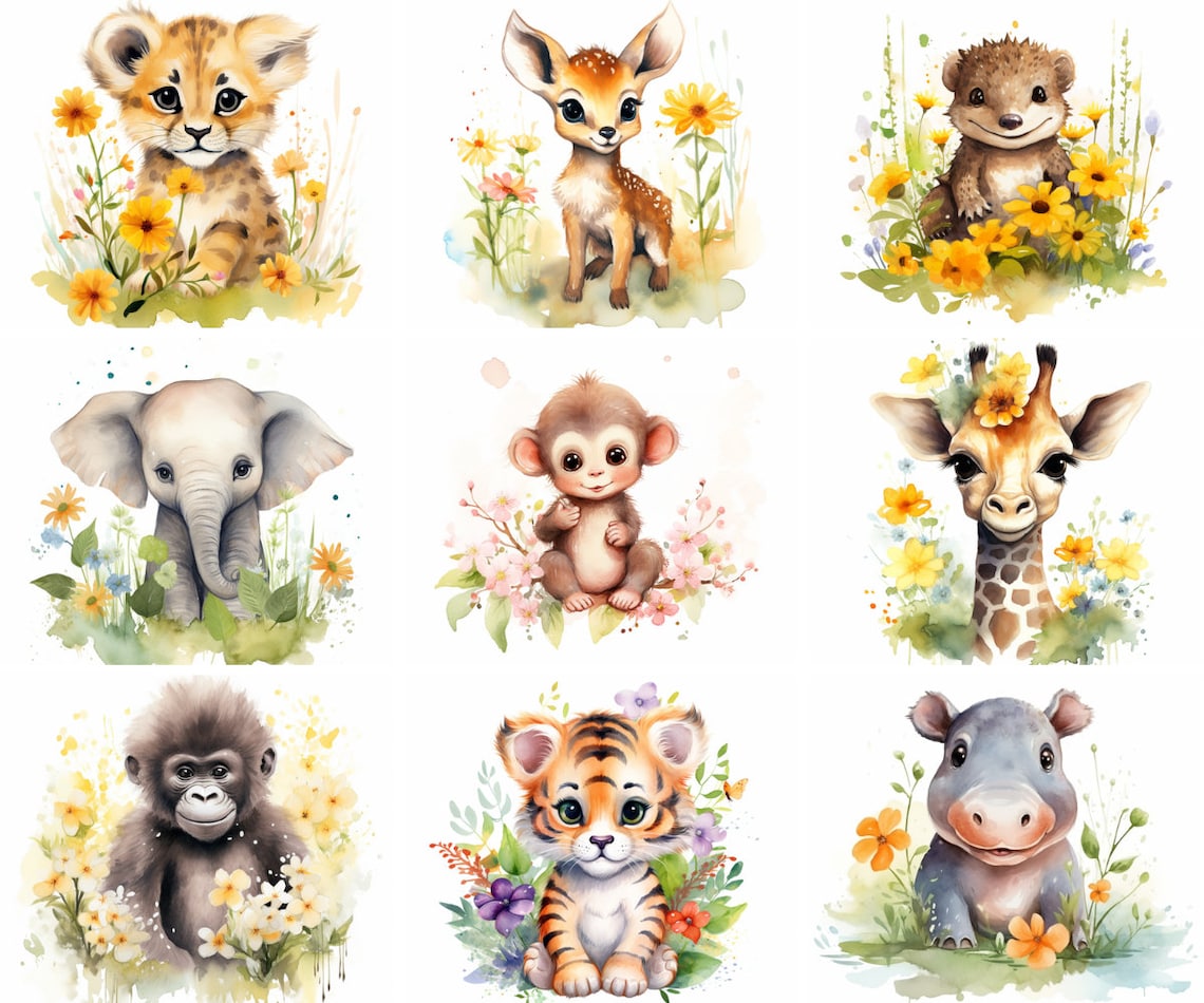 Mega Baby Safari Animals Clipart Watercolor Nursery Bundle - Etsy