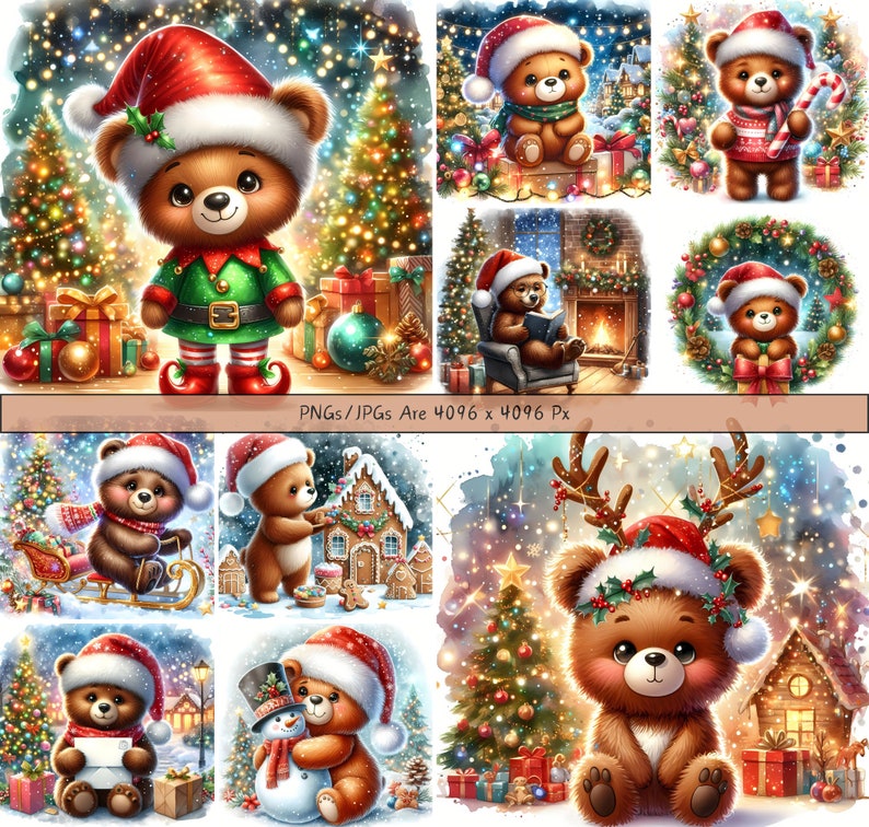 Cute Christmas Bears Clipart Bundle, Xmas Bear Clip Art Images ...