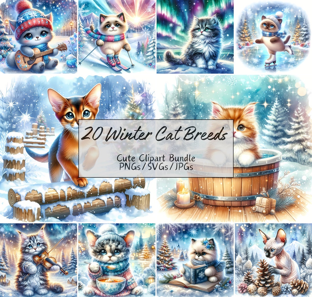 Cute Winter Cat Breeds Clipart Bundle, Festive Watercolor Clip Art ...