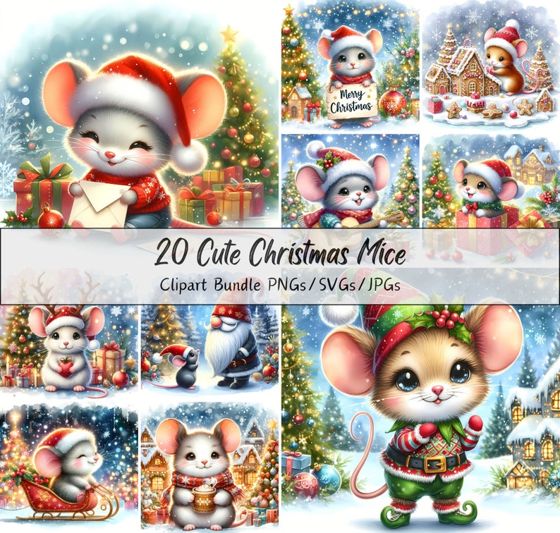 Cute Christmas Mouse Clipart Bundle, Xmas Mice Clip Art Images ...