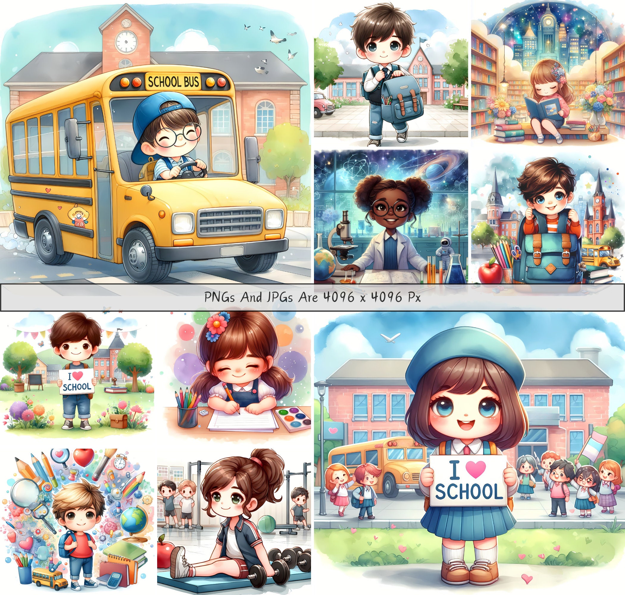 Cute Back to School Kids Clipart Bundle, Watercolor Child Clip Art ...