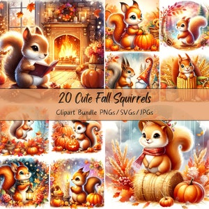 Cute Fall Squirrels Clipart Bundle, Watercolor Autumn Squirrel Clip Art ...