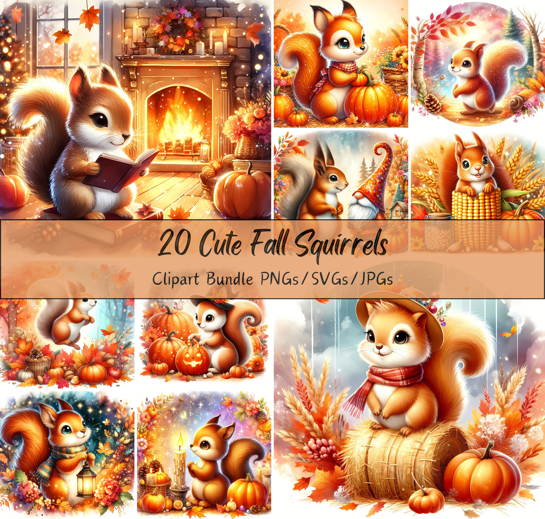 Cute Fall Squirrels Clipart Bundle, Watercolor Autumn Squirrel Clip Art ...