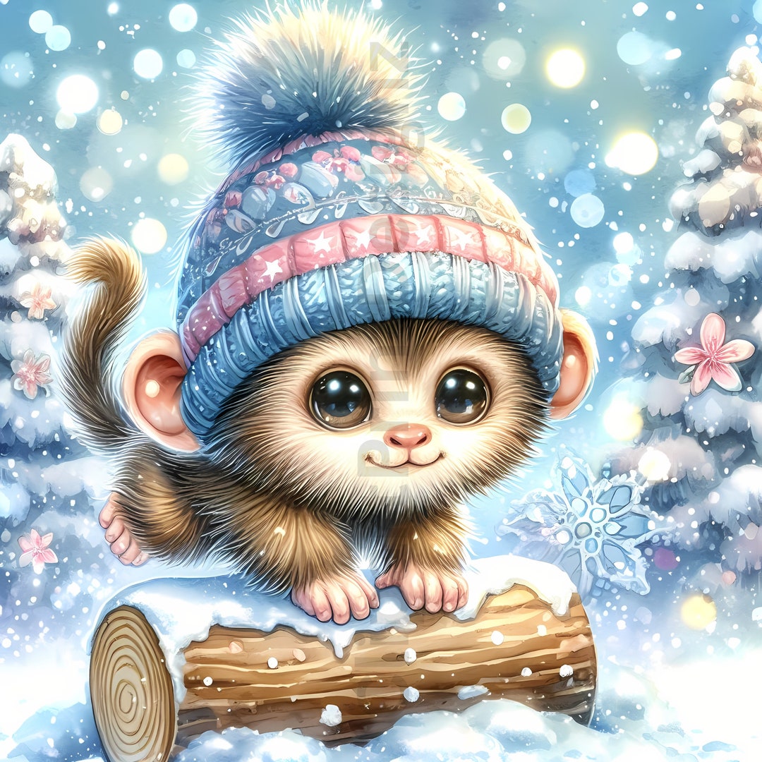 Cute Winter Monkey Clipart Bundle, Festive Watercolor Clip Art Images ...