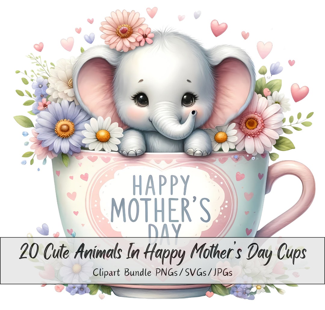 Cute Animals in Happy Mother's Day Cups Clipart Bundle, Watercolor Clip ...