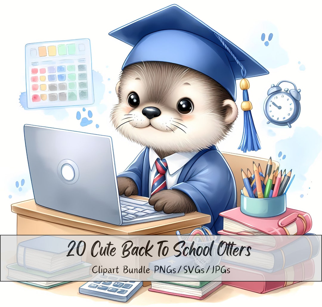 Cute Back to School Otters Clipart Bundle, Watercolor Otter Clip Art ...