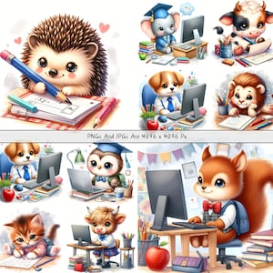 Cute Back to School Animals Working Clipart Bundle, Watercolor Animal ...
