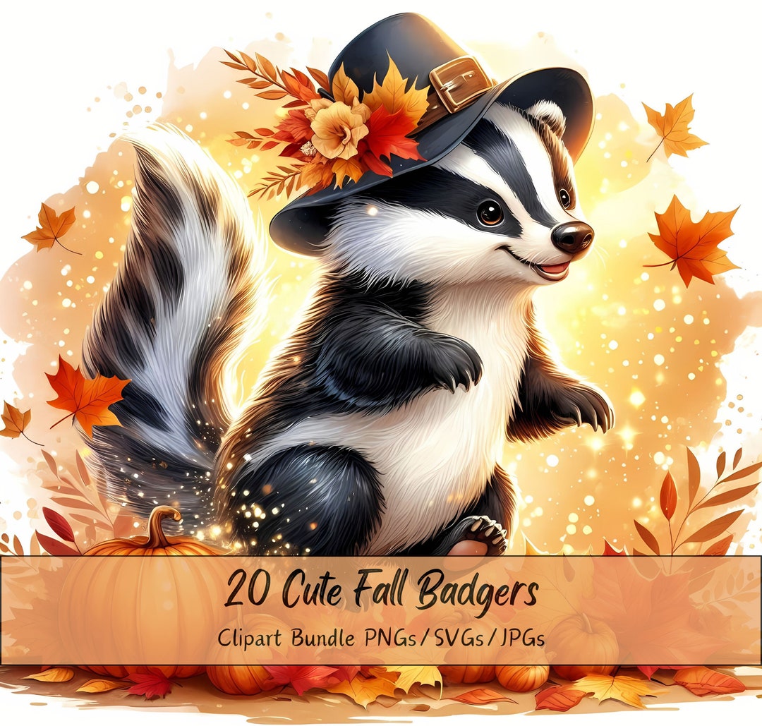 Cute Fall Badgers Clipart Bundle, Watercolor Autumn Badger Clip Art ...