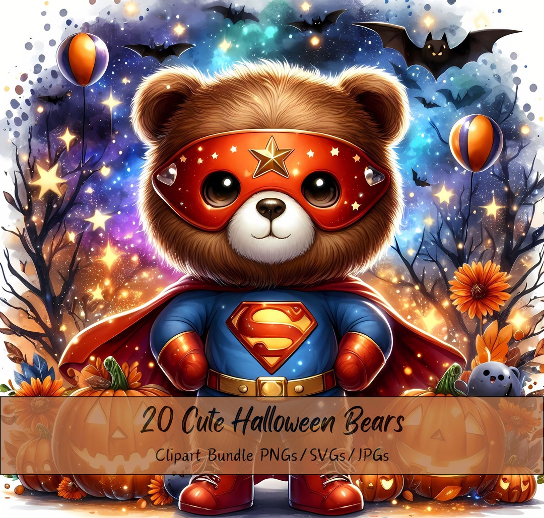 Cute Halloween Bears Clipart Bundle, Watercolor Bear Clip Art Images ...