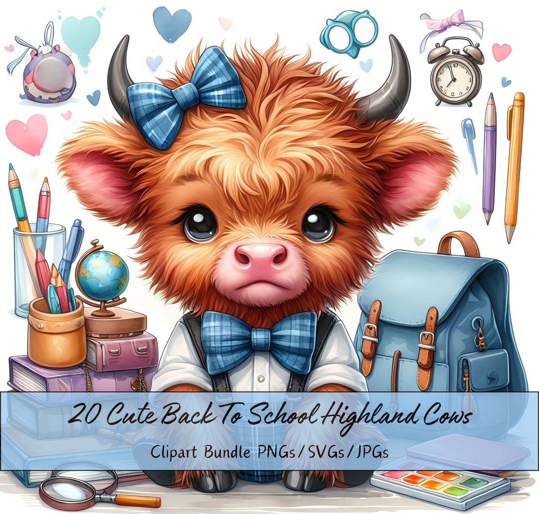 Cute Back to School Highland Cows Clipart Bundle, Watercolor Cow Clip ...