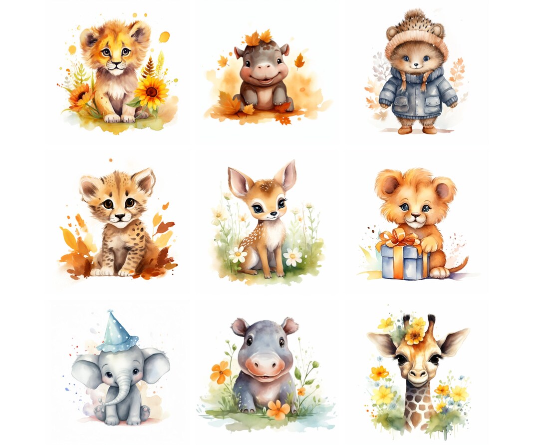 Mega Baby Safari Animals Clipart Watercolor Nursery Bundle - Etsy