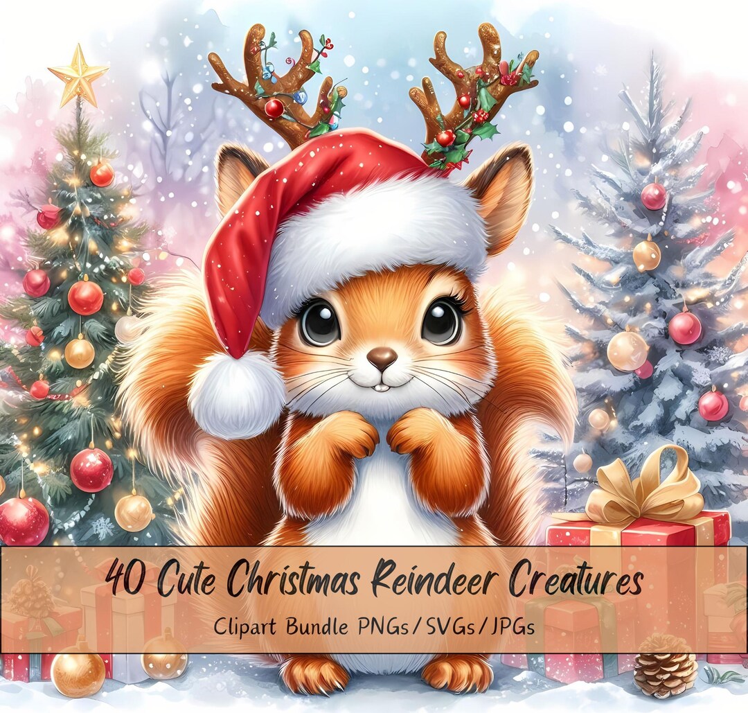 Cute Christmas Reindeer Creatures Clipart Bundle, Xmas Clip Art Images ...