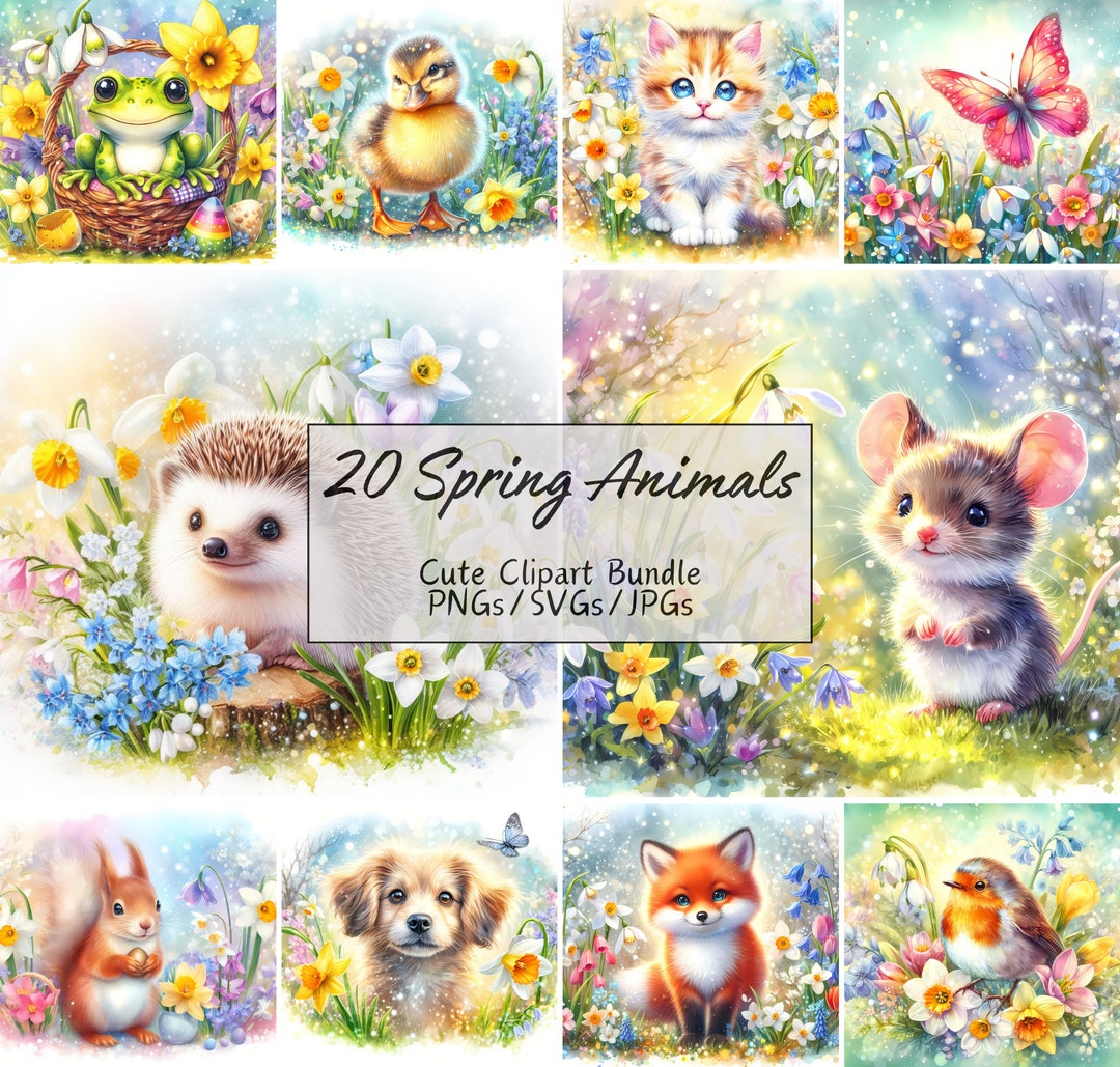 Cute Watercolor Spring Animals Clipart Bundle, 20 High Quality Pngs ...