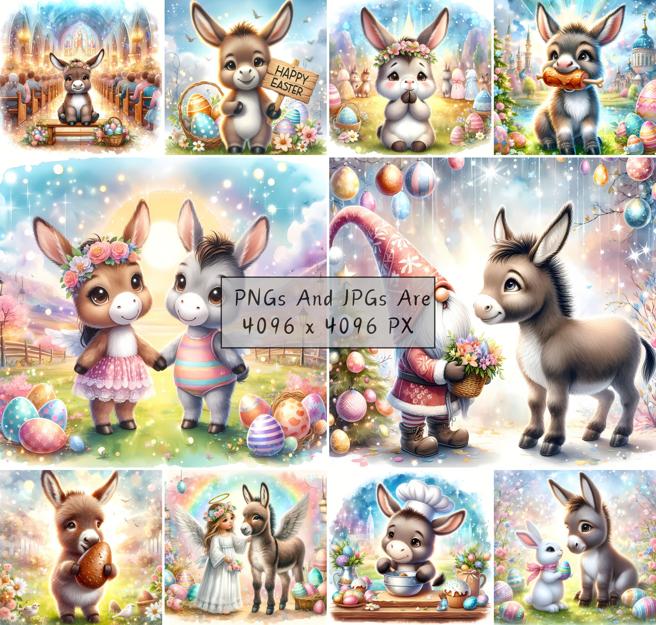 Cute Easter Donkeys Clipart Bundle, Watercolor Clip Art Images, 20 High ...