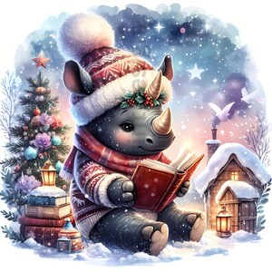 Cute Winter Animals Reading Clipart Bundle, Festive Watercolor Clip Art ...